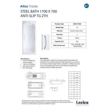 Lecico Atlas Anti-Slip Steel Bath With Grips 1700 x 700mm | Selco